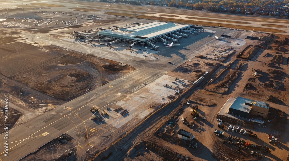 An airport expansion project with new terminals and runways being built ...
