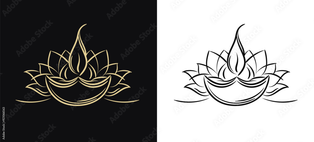 Linear illustration of Diya (Divaa) and Lotus flower (water lily) or ...