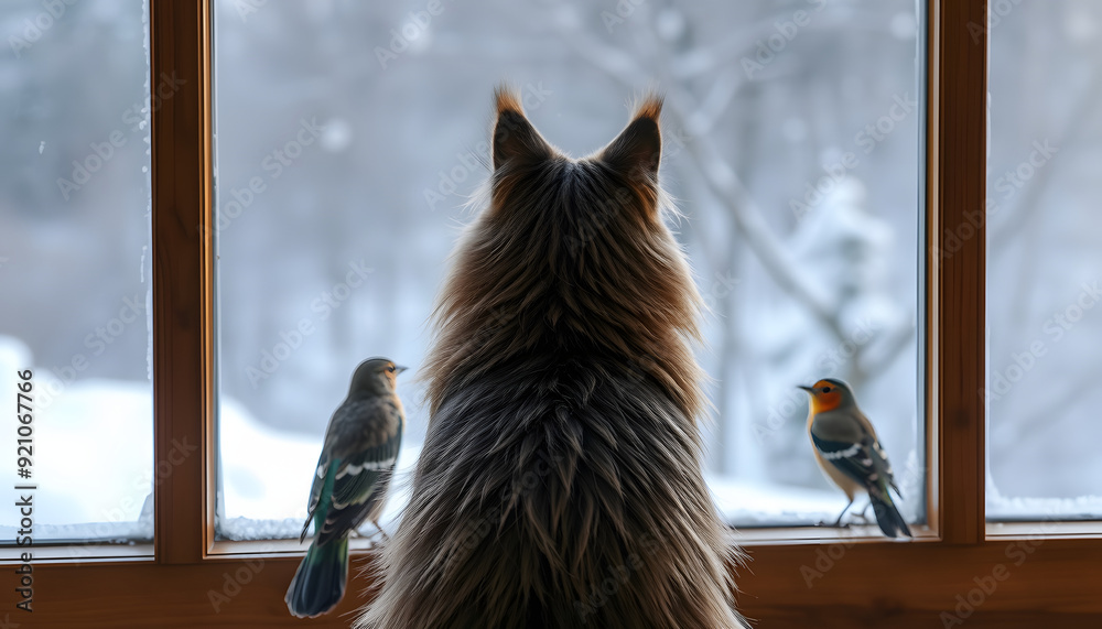 Cute Maine coon watching birds from inside, winter season, back view ...
