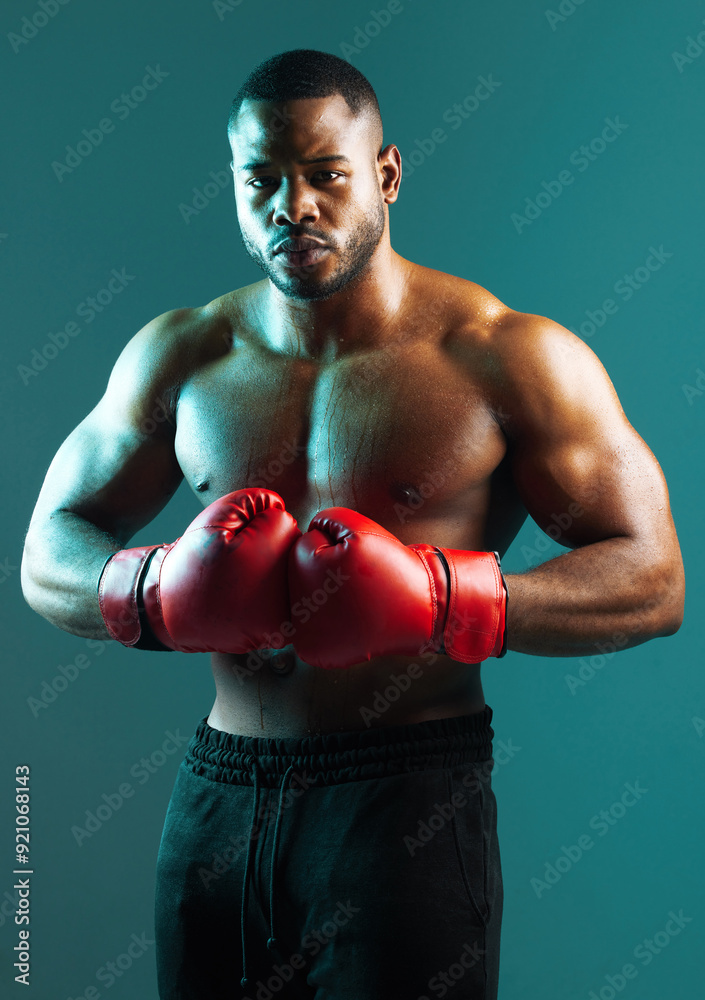 Black man, boxing and fitness of portrait on studio background, power ...