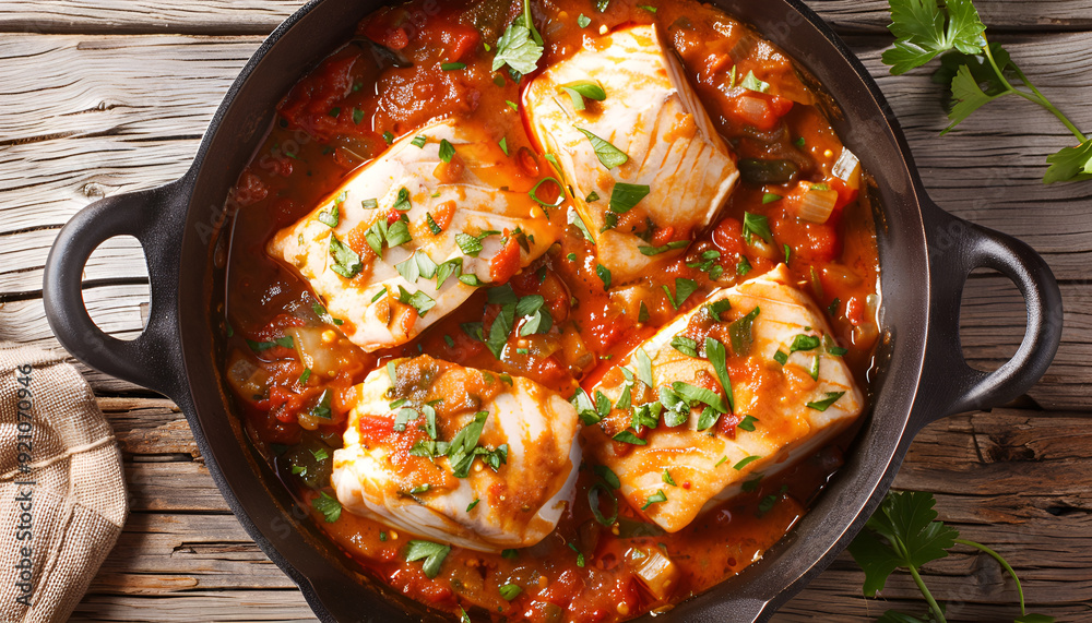 Traditional Brazilian fish stew moqueca baiana with fish filet in ...