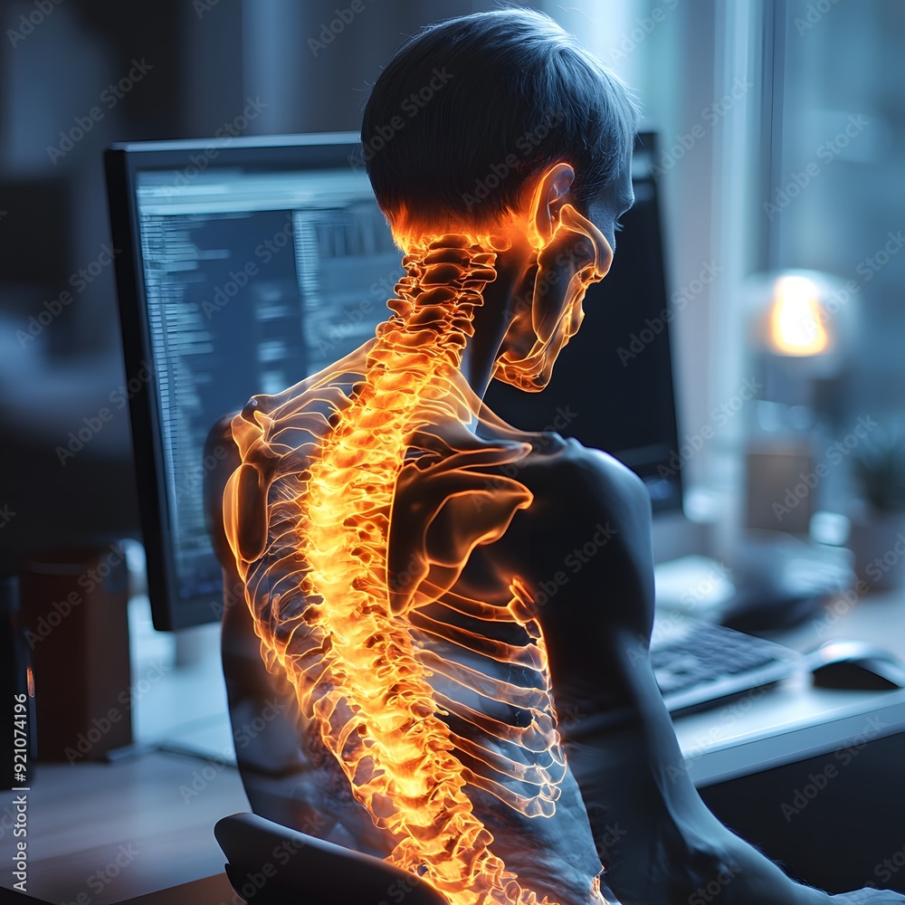 Posture-Related Back Pain: Show a person with poor posture, slouched ...
