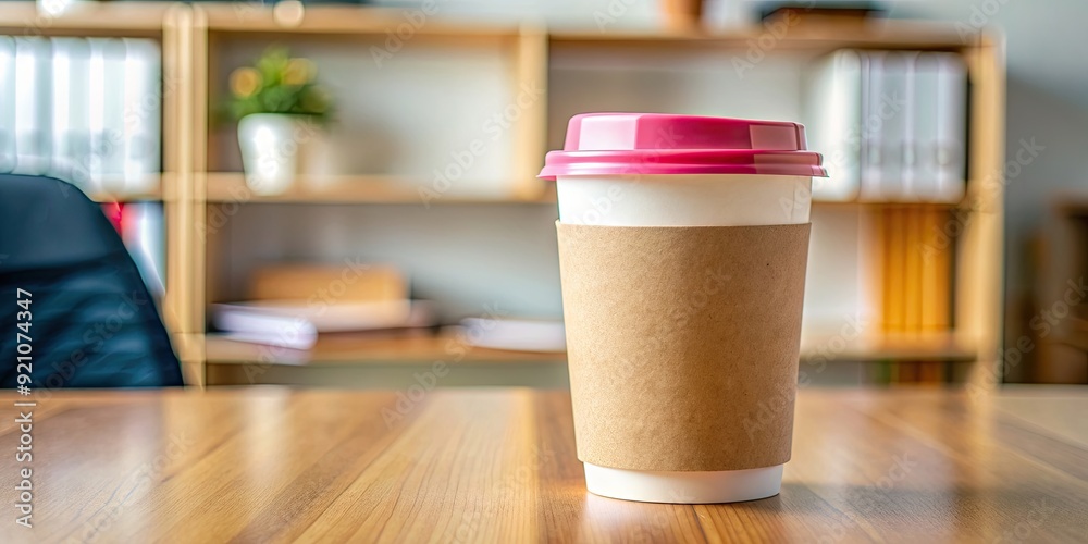 Disposable coffee cup with blank beige label and pink lid on study ...