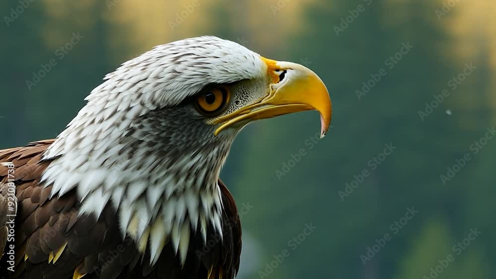 Majestic bald eagle is posing for the camera with a blurred forest in ...