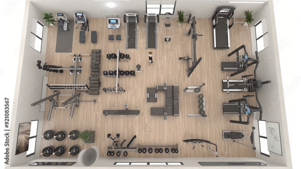 A 3D gym design showcasing an open floor plan with various exercise ...