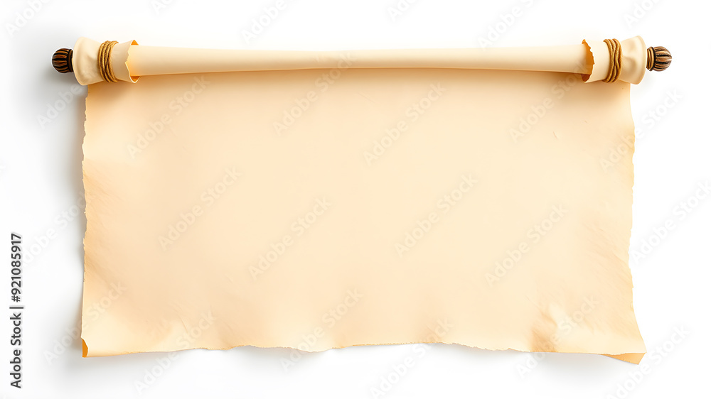Parchment frame blank open scroll on white background Center label ...