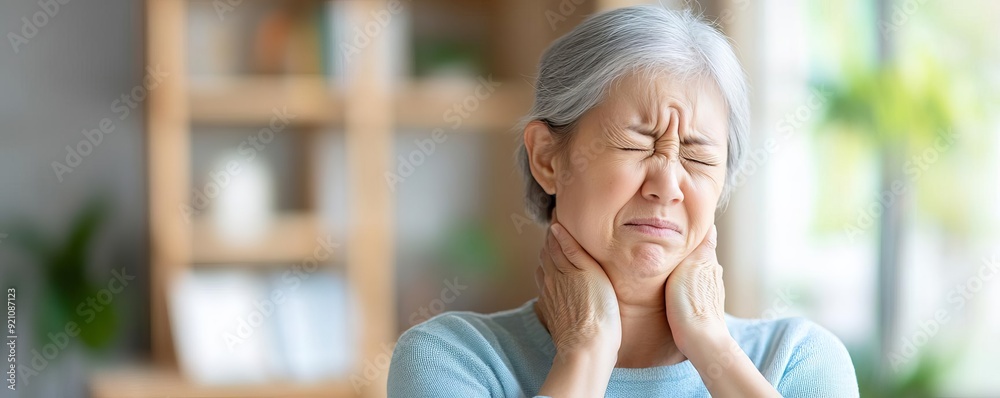 Asian elderly woman with a strained expression, holding her neck in ...