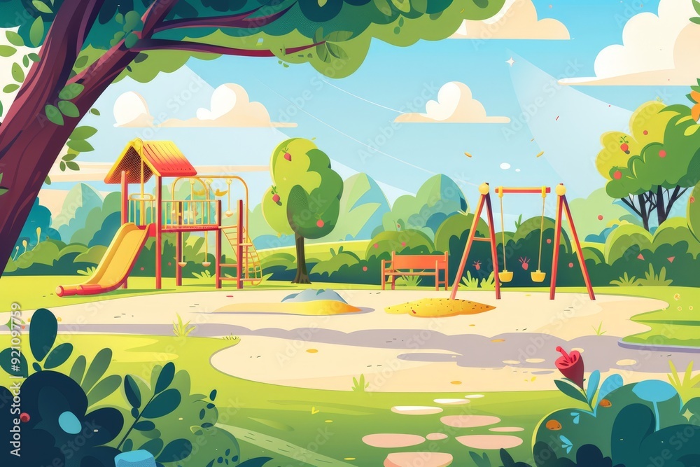 Engaging cartoon landscape of a kid's playground in a park, with a ...