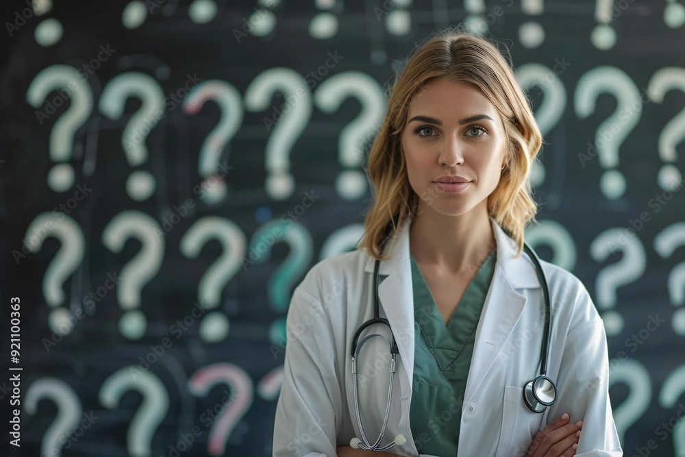 female doctor standing in front of a blackboard filled with question ...
