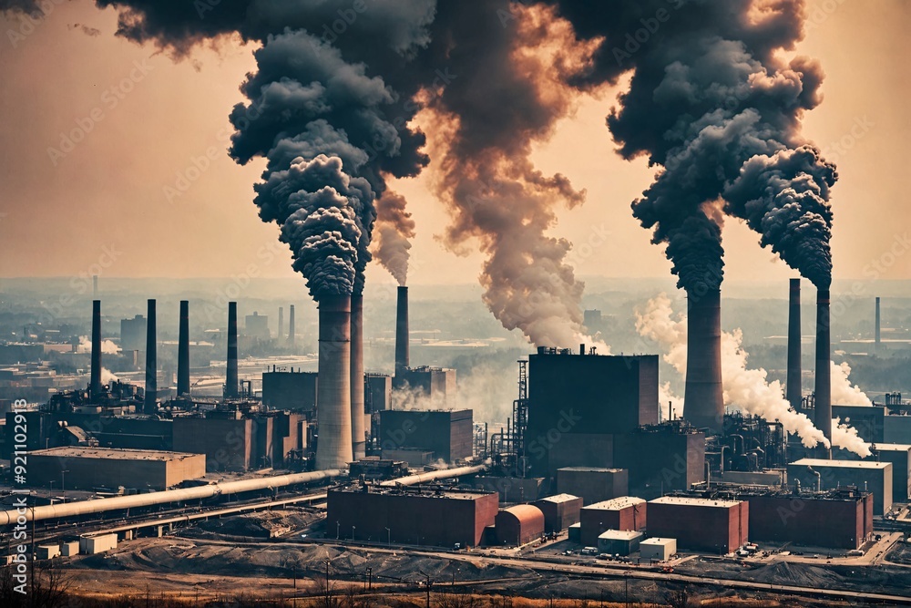 Air pollution from coal power plants creating a brownish haze Stock ...