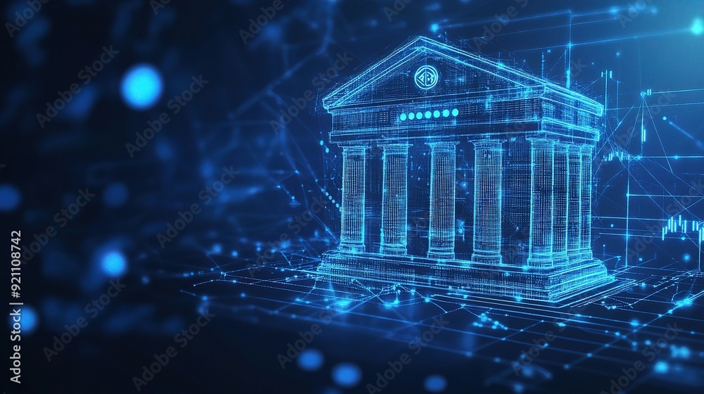 Digital Banking: A futuristic, neon-lit bank building symbolizes online ...