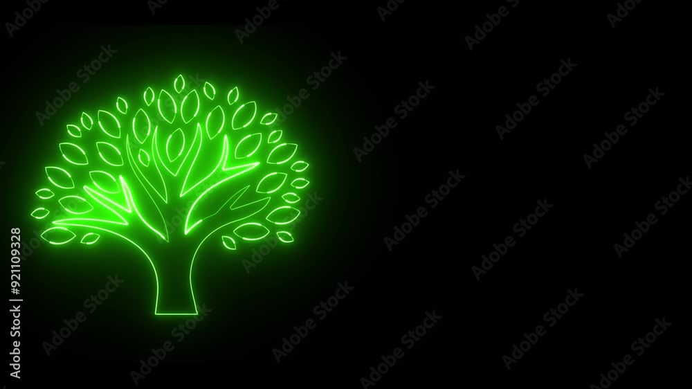 Neon Outline Tree Animated in Black Background. Animation Light Glowing ...
