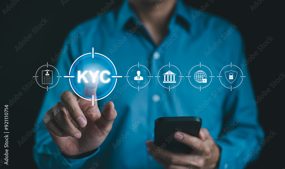 KYC verification concept. Person interacting with Know Your Customer (KYC) compliance and ...