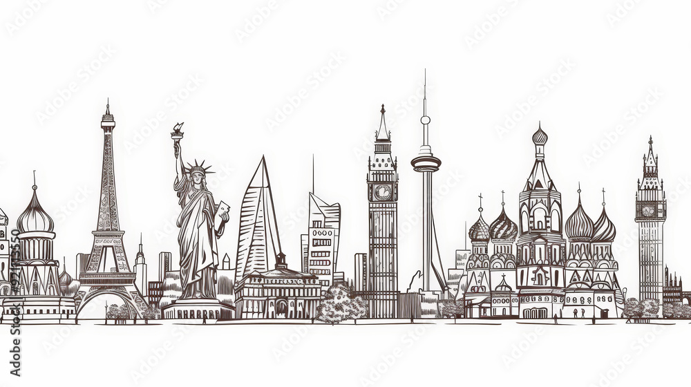 line drawing of famous world landmarks Stock Illustration | Adobe Stock