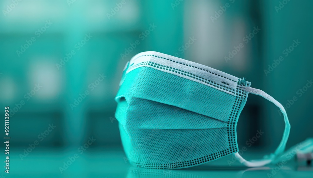 Close-up of a turquoise medical mask resting on a surface, symbolizing ...