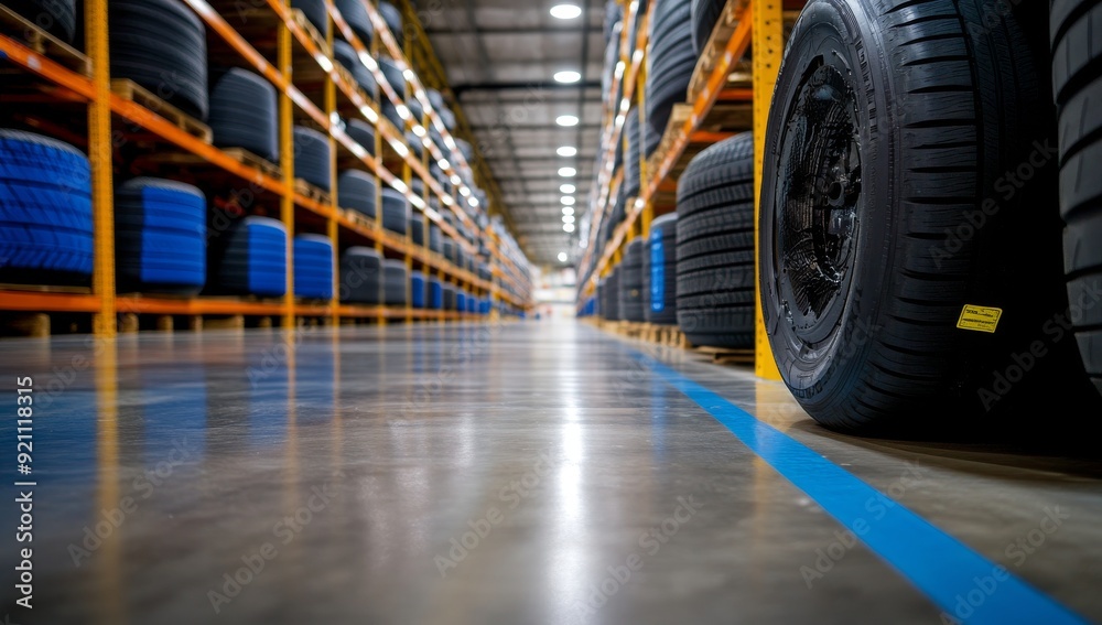 Warehouse shelves filled with various types and sizes of new car tires ...
