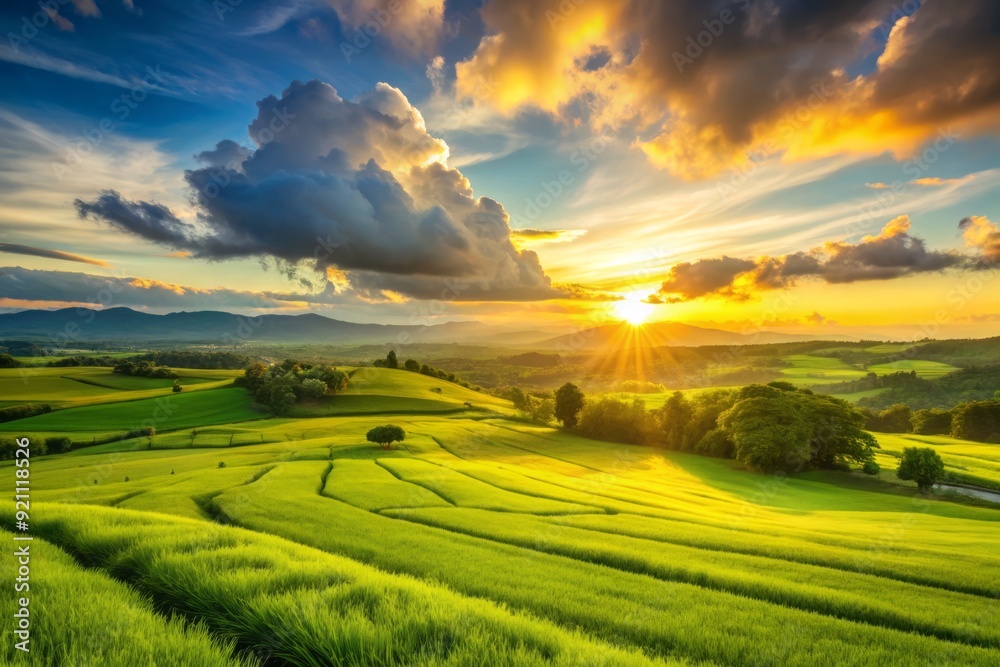 Serene landscape of lush green fields stretches towards the horizon ...