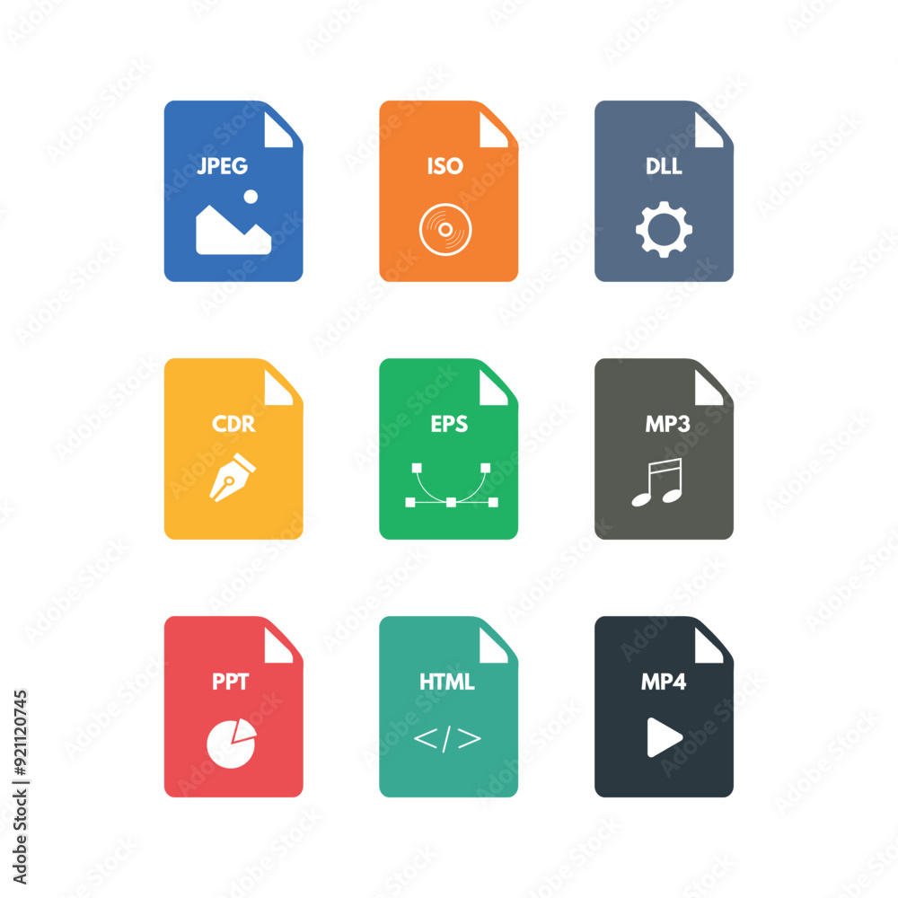 jpeg, iso, dll, cdr, eps, mp3, ppt, html, and mp4 icons sheet. vector ...