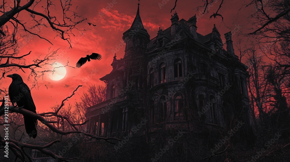 Creepy Halloween backdrop with a blood-red sky, black crows perched on ...