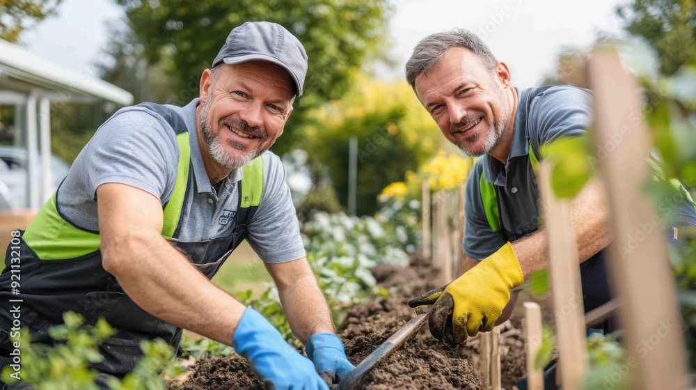 Image capturing two male gardeners in uniforms happily planting ...