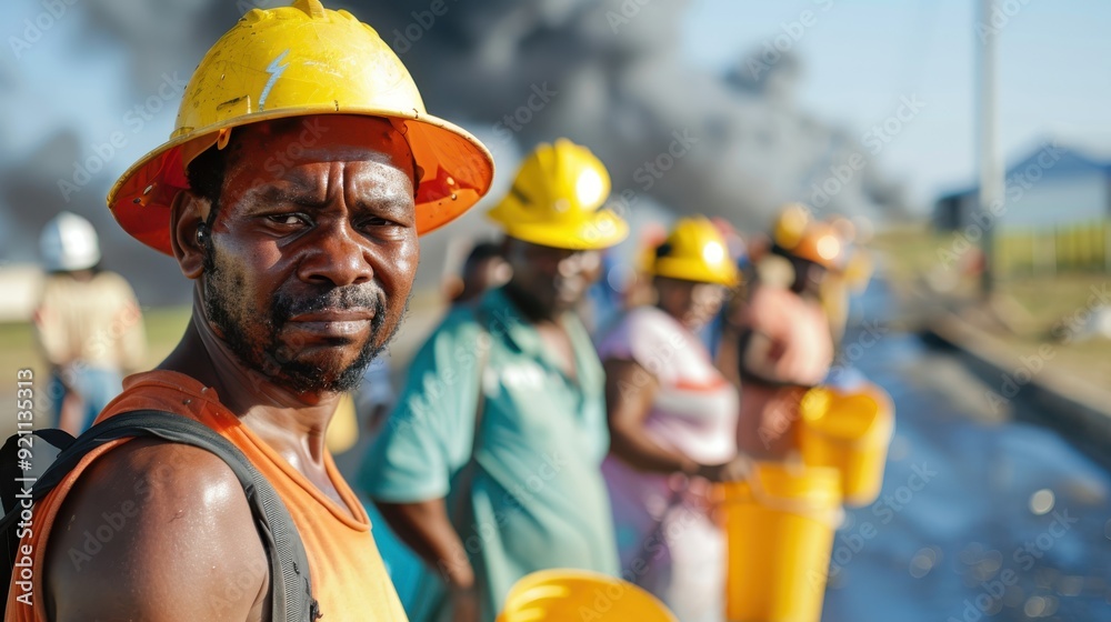 A group of workers in safety helmets and gear are responding to an ...