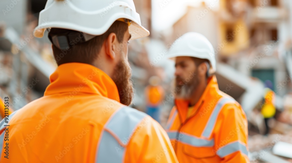 Engineers in orange safety jackets and white helmets assess the ...