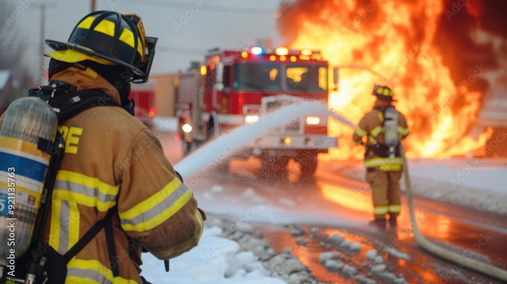 Firefighters in full protective gear hose down a massive fire during ...