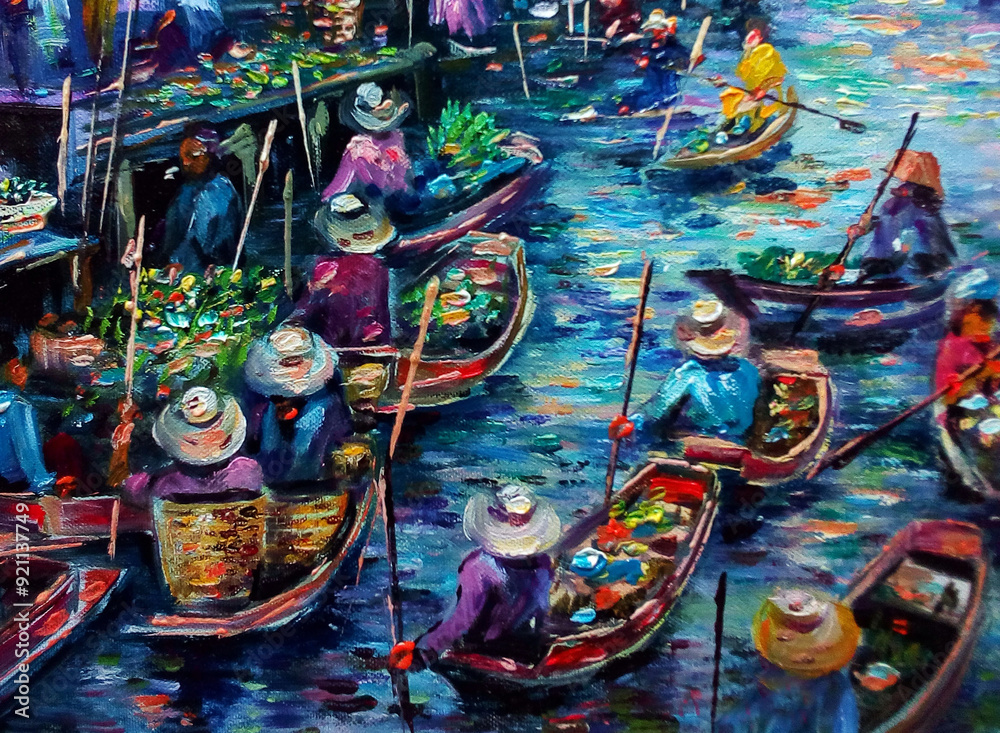 hand drawn art painting oil color floating market dumnoen saduak from ...