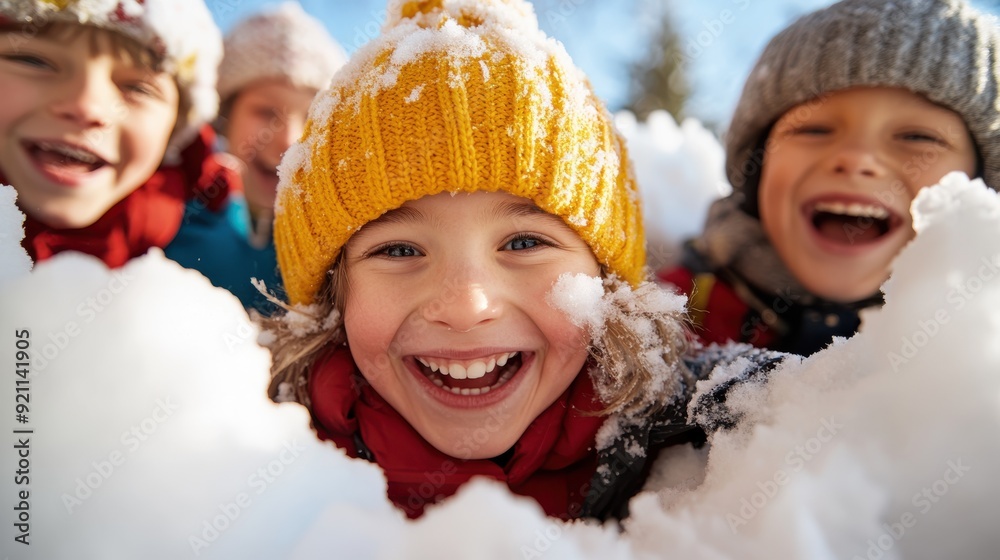 A group of children are giggling and having fun in the snow, wearing ...