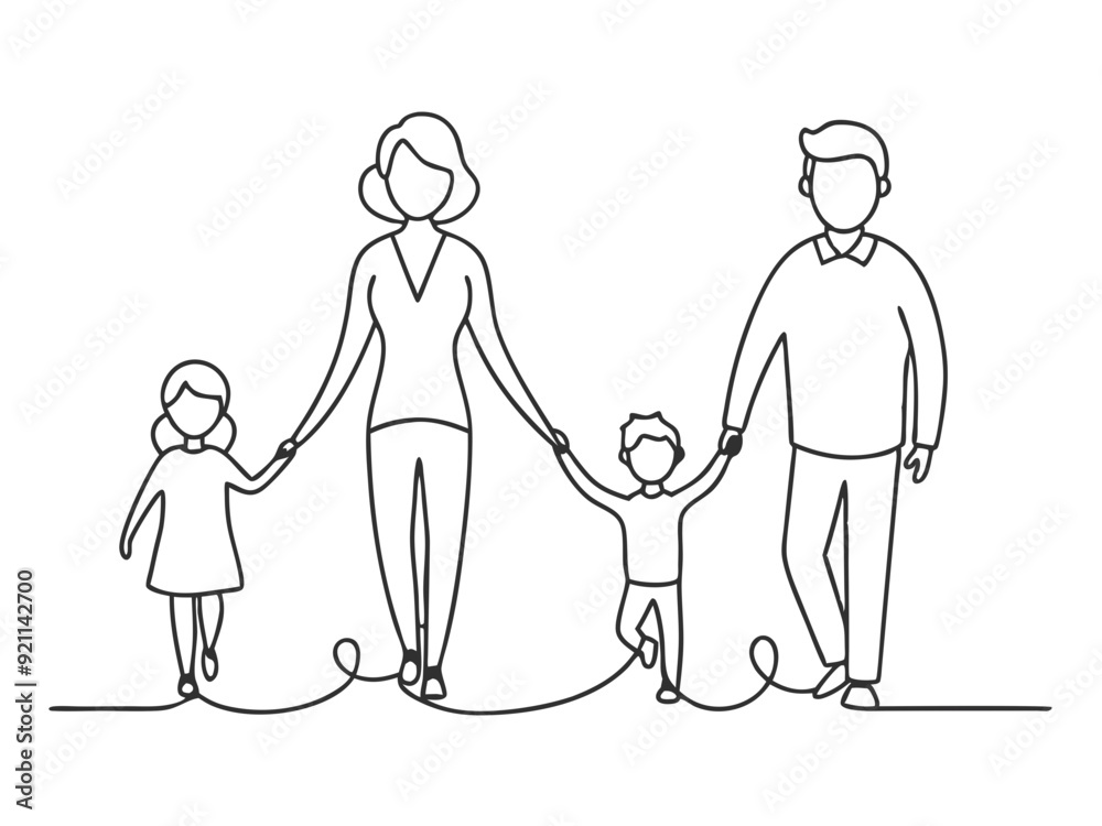 continuous single line drawing of mother and father with two children ...