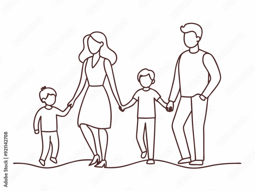 continuous single line drawing of mother and father with two children ...