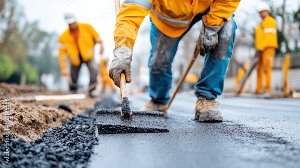 Several road workers are collaboratively paving a new asphalt road ...