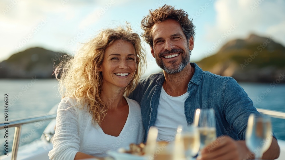 A delighted couple savoring a romantic dinner on a boat cruise, with a ...