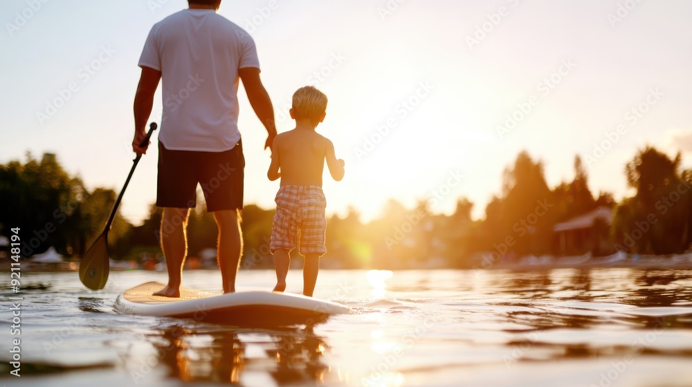 A father and son hold hands while stand-up paddleboarding on a serene lake at sunset, enjoying a ...