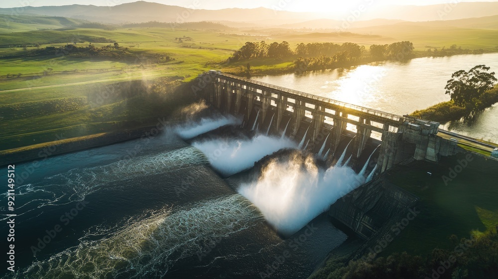 A dam in full operation, releasing water into the river below, with the ...
