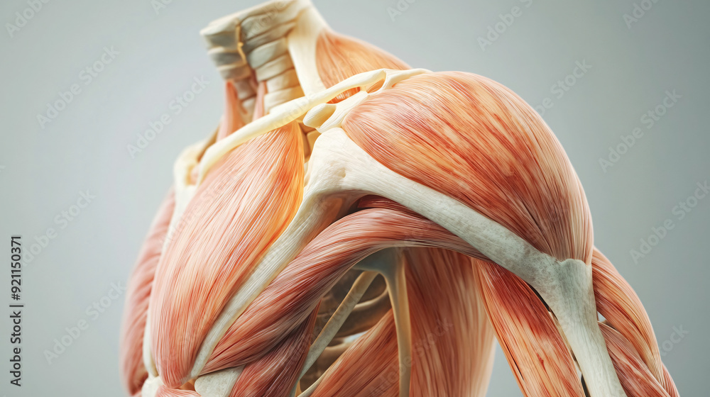 Detailed anatomy of the human shoulder joint showing bones, muscles ...