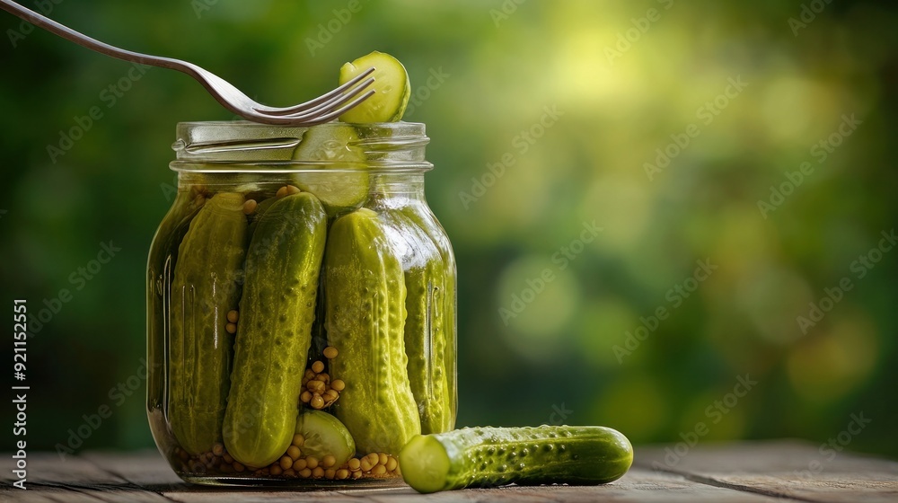 Pickled gherkins in a glass jar using a fork to remove the gherkins and ...