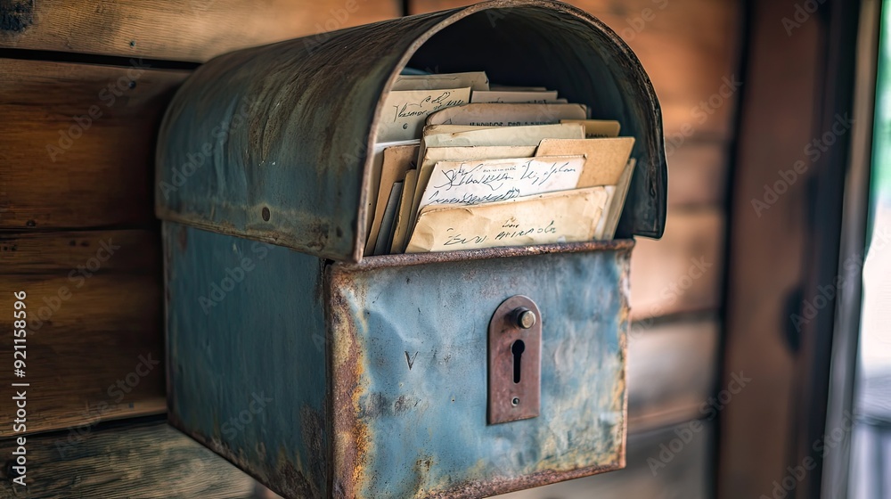 A retro tin mailbox, aged and full of letters, shown from a unique ...