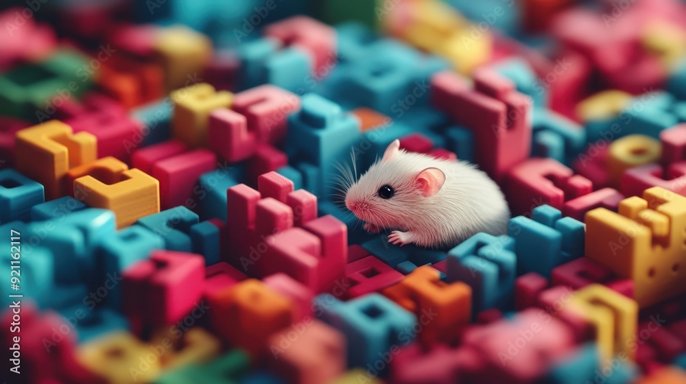 This photograph captures a white mouse deep in the midst of a maze ...