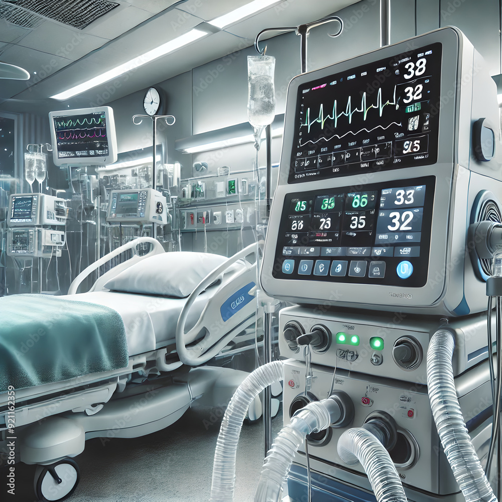 ICU room equipped with advanced medical devices, focusing on the ventilator placed beside the ...