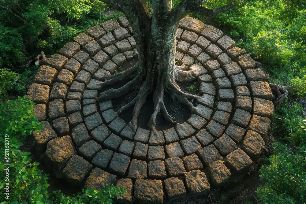 aerial view of an ancient tree its sprawling root system creating a ...