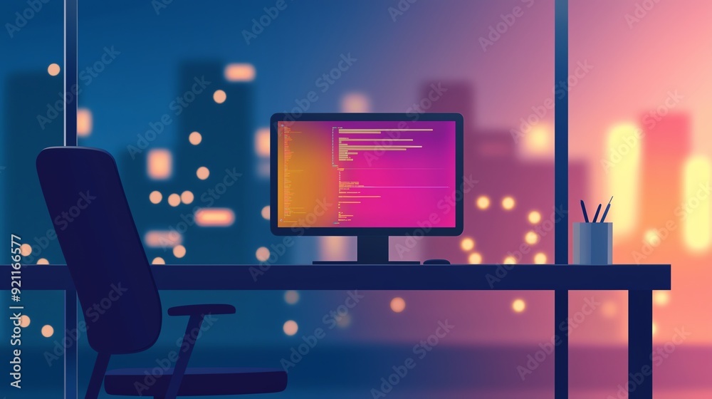 A modern office setup featuring a computer displaying code against a ...