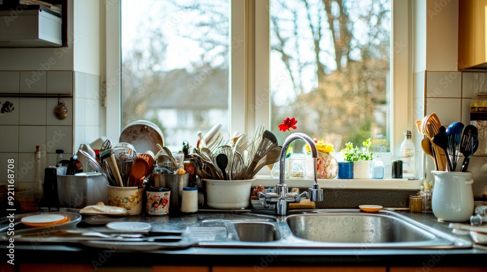 Cozy kitchen with utensils in a sunny setting. Captures everyday life ...