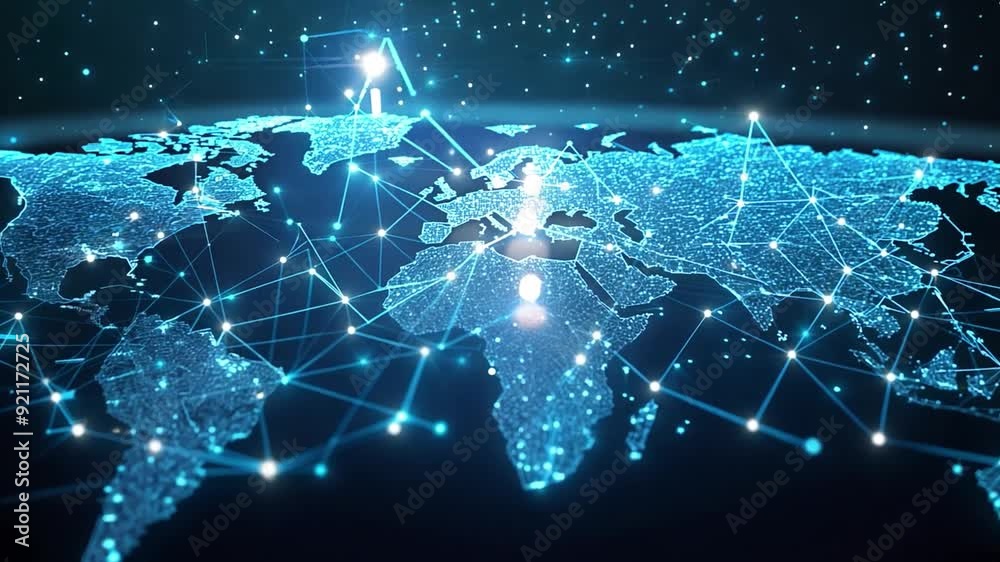 A view of a blue digital world map showing illuminated connections ...