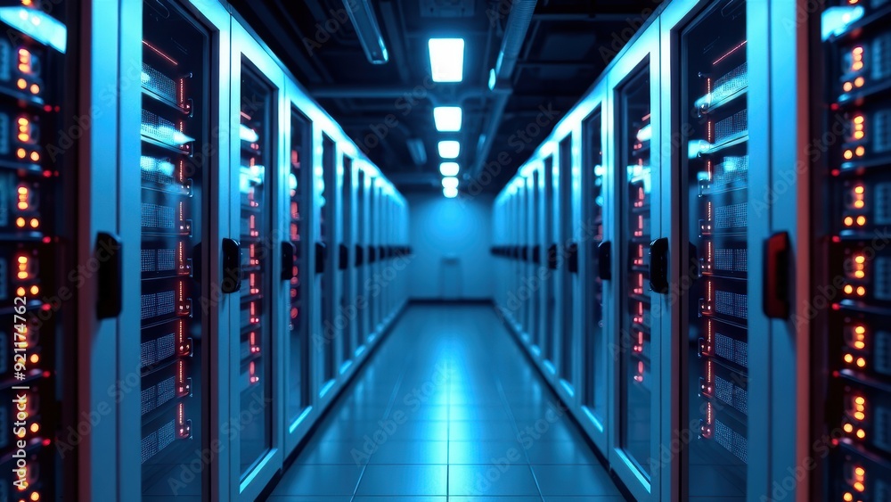 Secure Data Center with Rows of Server Racks for Cloud Computing and Network Infrastructure ...