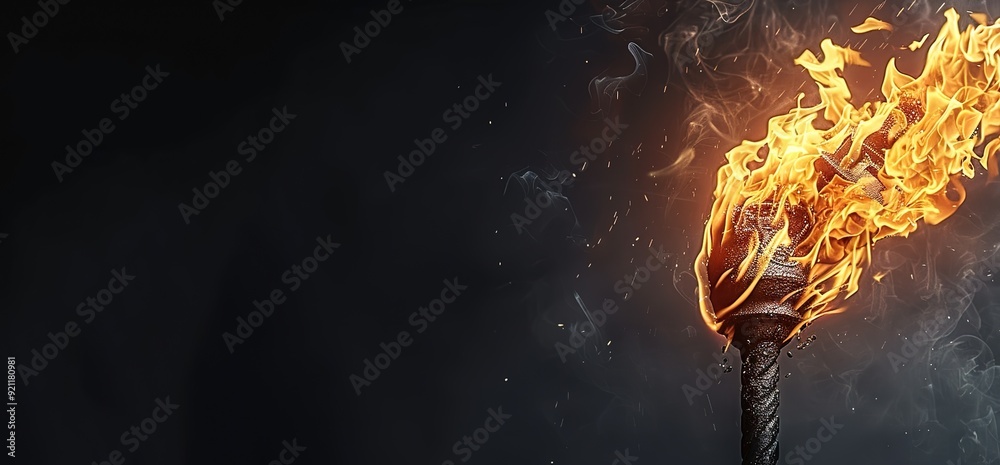 Burning torch with flames and smoke against a dark background. A symbol ...