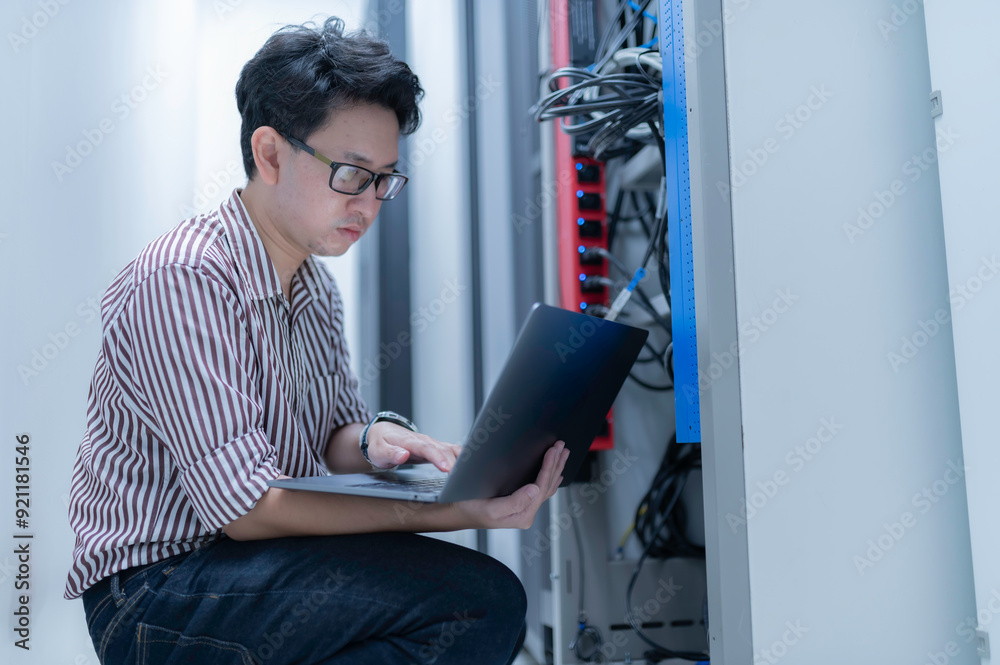 Computer engineer is setting up network in server room,Systems ...