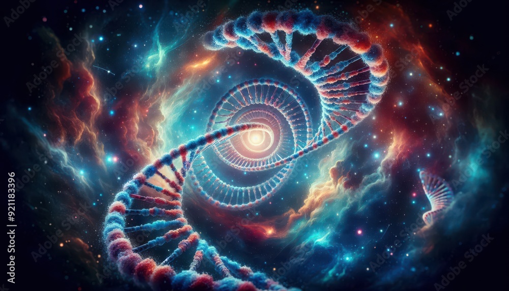 A blue and red DNA double helix spirals through a colorful nebula ...