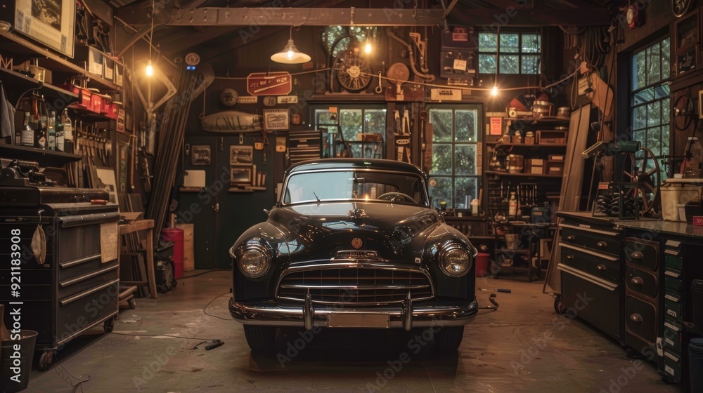 Vintage Car in Restored Garage with Classic Tools and Equipment for ...