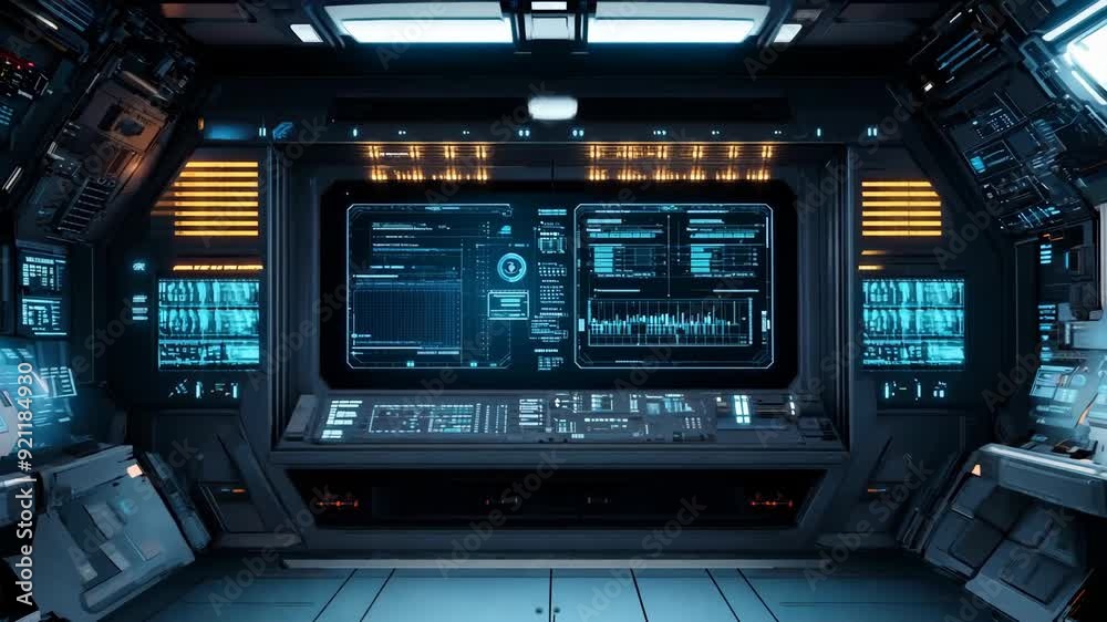 Futuristic spaceship cockpit interface with holographic displays. Sci-fi spacecraft control ...